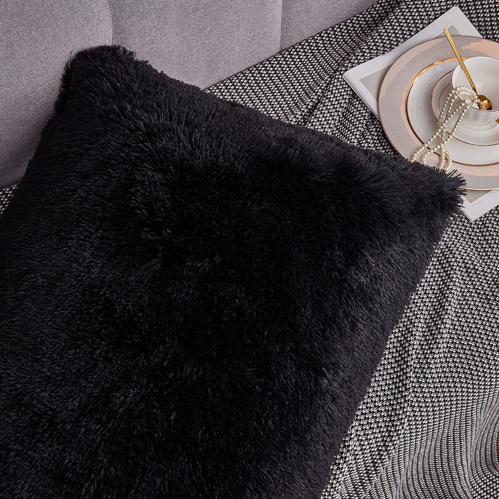 WERDIM Shaggy Fluffy Faux Fur Pillowcases 2 Pack Button Closure Velvet Pillow Shams Standard/Queen Size (Black, 20 X 26 Inches)