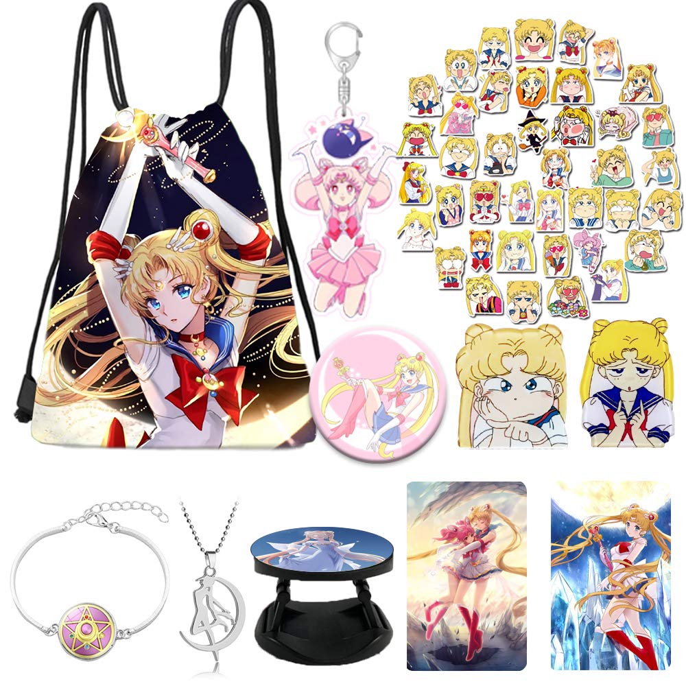 ESMAN Salio Gift Set, 1 Drawstring Bag, 40Pcs Stickers, 2 Pcs Card Stickers, 3 Button Pins, 1 Necklace, 1 Bracelet, 1 Keychain, 1 Phone Holder (PINK)