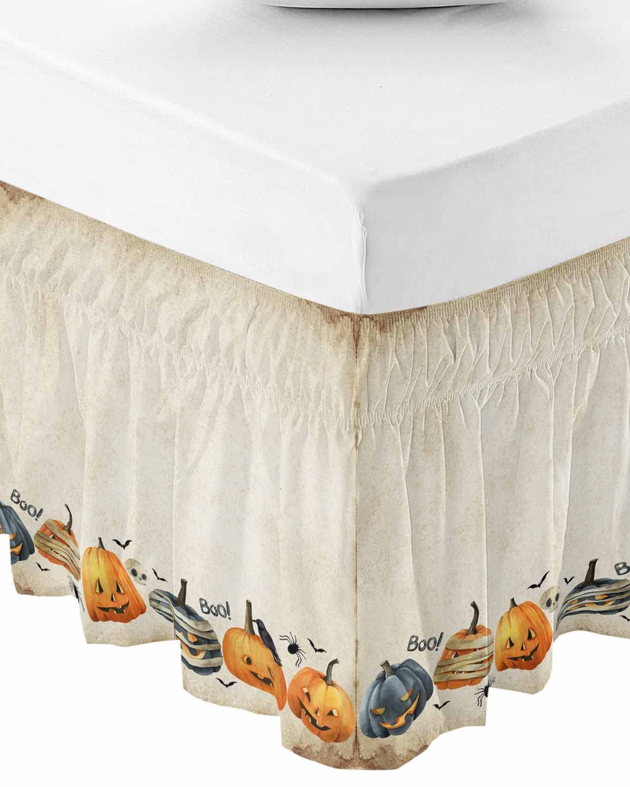 Halloween Bed Skirt Cal King Size 18 Inch Drop,Adjustable & Elastic Wrap Around Bed Skirts Pleated Luxury Ruffles for Twin Full Queen Cal King Bed,Pumpkins Skull-Boo Black Fall Bat Cat Crow SPI-der