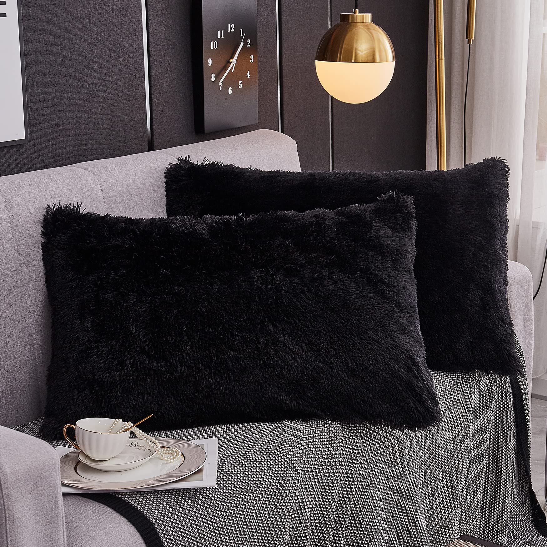 WERDIM Shaggy Fluffy Faux Fur Pillowcases 2 Pack Button Closure Velvet Pillow Shams Standard/Queen Size (Black, 20 X 26 Inches)
