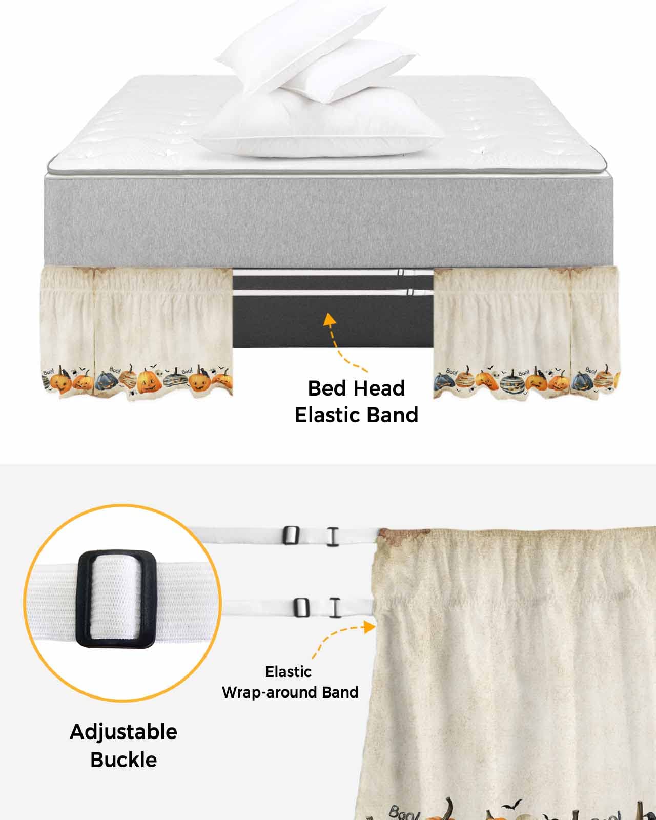 Halloween Bed Skirt Cal King Size 18 Inch Drop,Adjustable & Elastic Wrap Around Bed Skirts Pleated Luxury Ruffles for Twin Full Queen Cal King Bed,Pumpkins Skull-Boo Black Fall Bat Cat Crow SPI-der