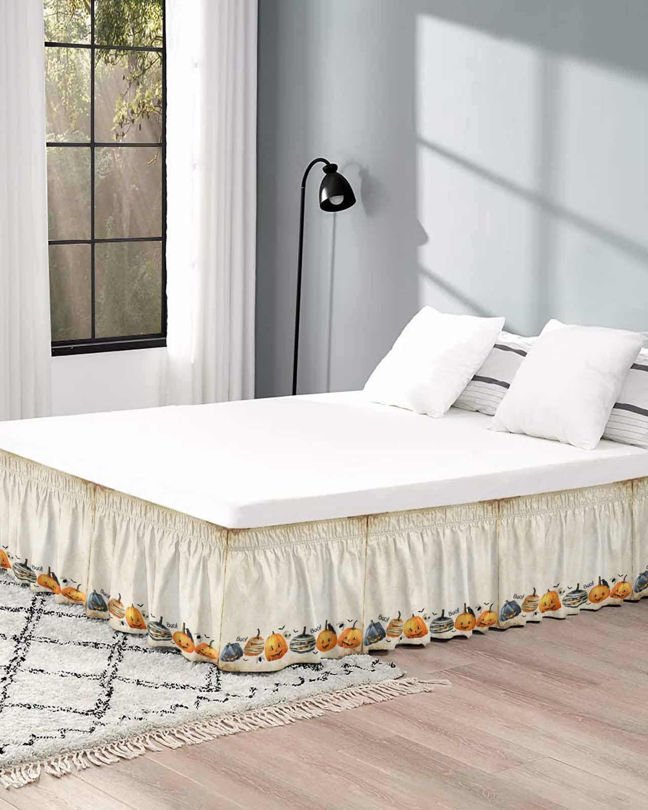 Halloween Bed Skirt Cal King Size 18 Inch Drop,Adjustable & Elastic Wrap Around Bed Skirts Pleated Luxury Ruffles for Twin Full Queen Cal King Bed,Pumpkins Skull-Boo Black Fall Bat Cat Crow SPI-der