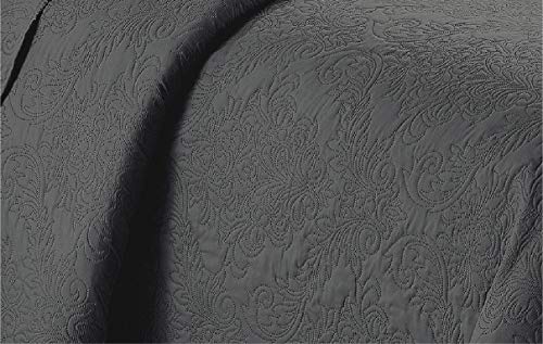 Better Home Style 2 Piece Luxury Floral Ultrasonic Embossed Solid Color Quilt Coverlet Bedspread Oversized Bed Cover Set # Stacy (Charcoal, Twin)