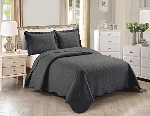 Better Home Style 2 Piece Luxury Floral Ultrasonic Embossed Solid Color Quilt Coverlet Bedspread Oversized Bed Cover Set # Stacy (Charcoal, Twin)