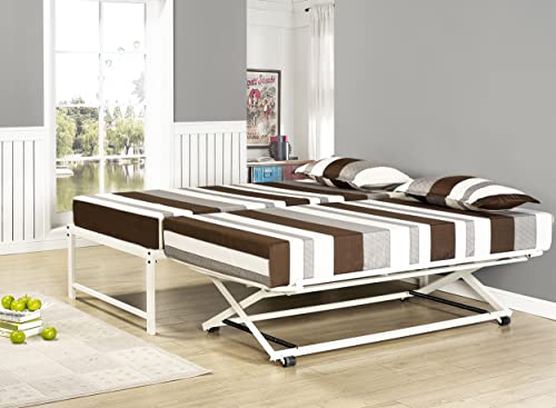 KB Designs - Twin Size Metal Platform Daybed Frame with Pop Up Trundle, White