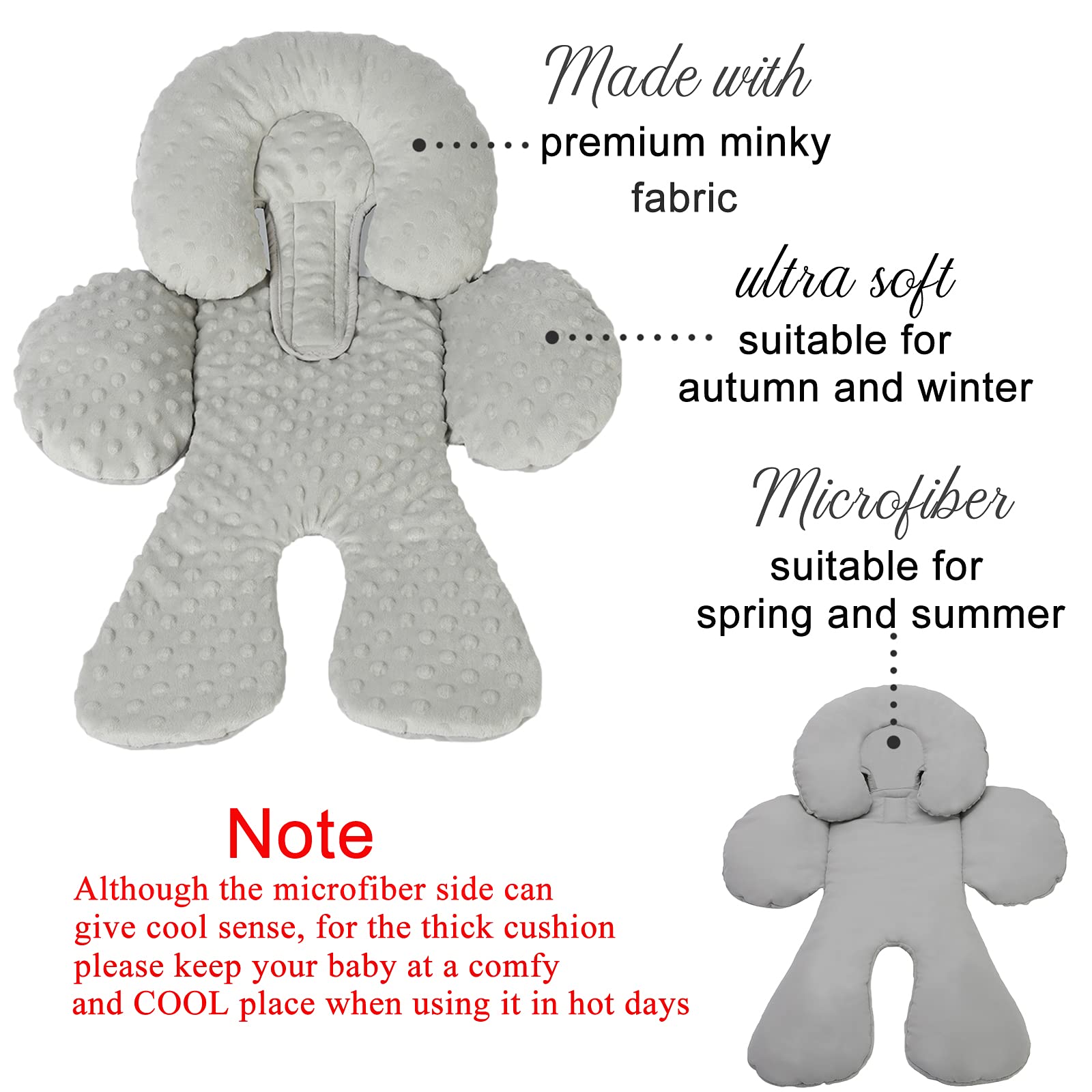 Pro Goleem Infant Car Seat Head Neck Body Support, Ultra-Soft Minky and Microfiber Newborn Car Seat Insert, Perfect for Car Seat, Stroller, 2-in-1 Reversible, for Boys and Girls, Gray