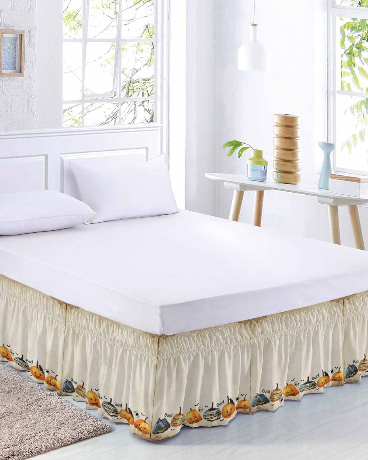 Halloween Bed Skirt Cal King Size 18 Inch Drop,Adjustable & Elastic Wrap Around Bed Skirts Pleated Luxury Ruffles for Twin Full Queen Cal King Bed,Pumpkins Skull-Boo Black Fall Bat Cat Crow SPI-der