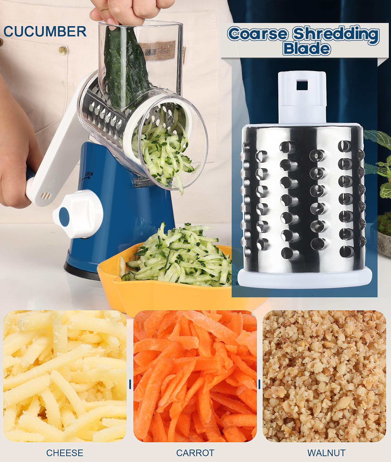 Rotary Cheese Grater Round Mandolin Slicer, Ourokhome Handheld Hashbrown Shredder with 3 Drum Blades, Kitchen Manual Speed Walnut Grinder for Potato, Carrot, Vegetables, Nuts, Zucchini (Dark Blue)