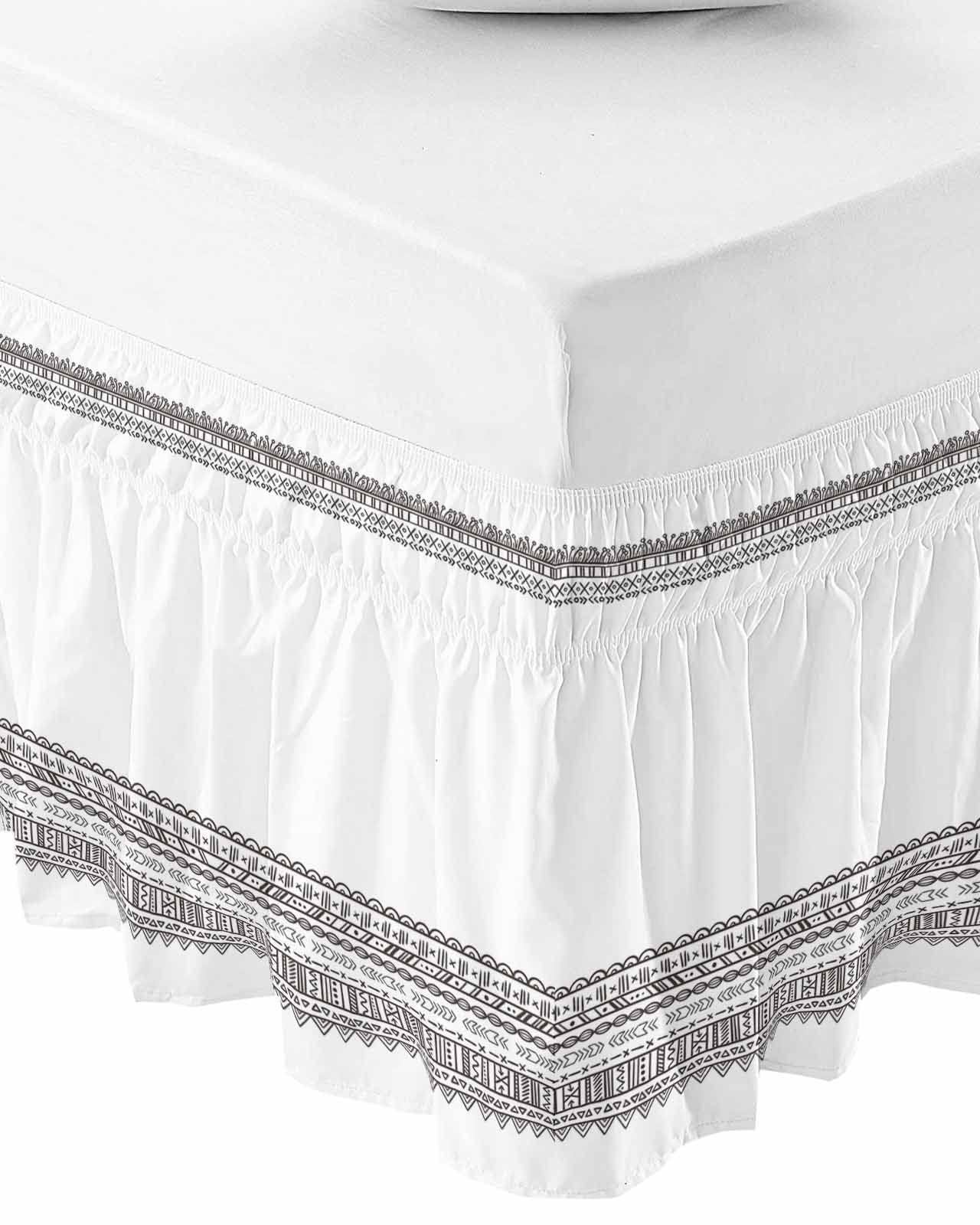 Boho Bed Skirt King Size 18 Inch Drop, Adjustable & Elastic Wrap Around Bed Skirts Pleated Luxury Dust Ruffles for Twin Full Queen Cal King Base Bed, Black Bohemia Geometric Ethnic Stripes
