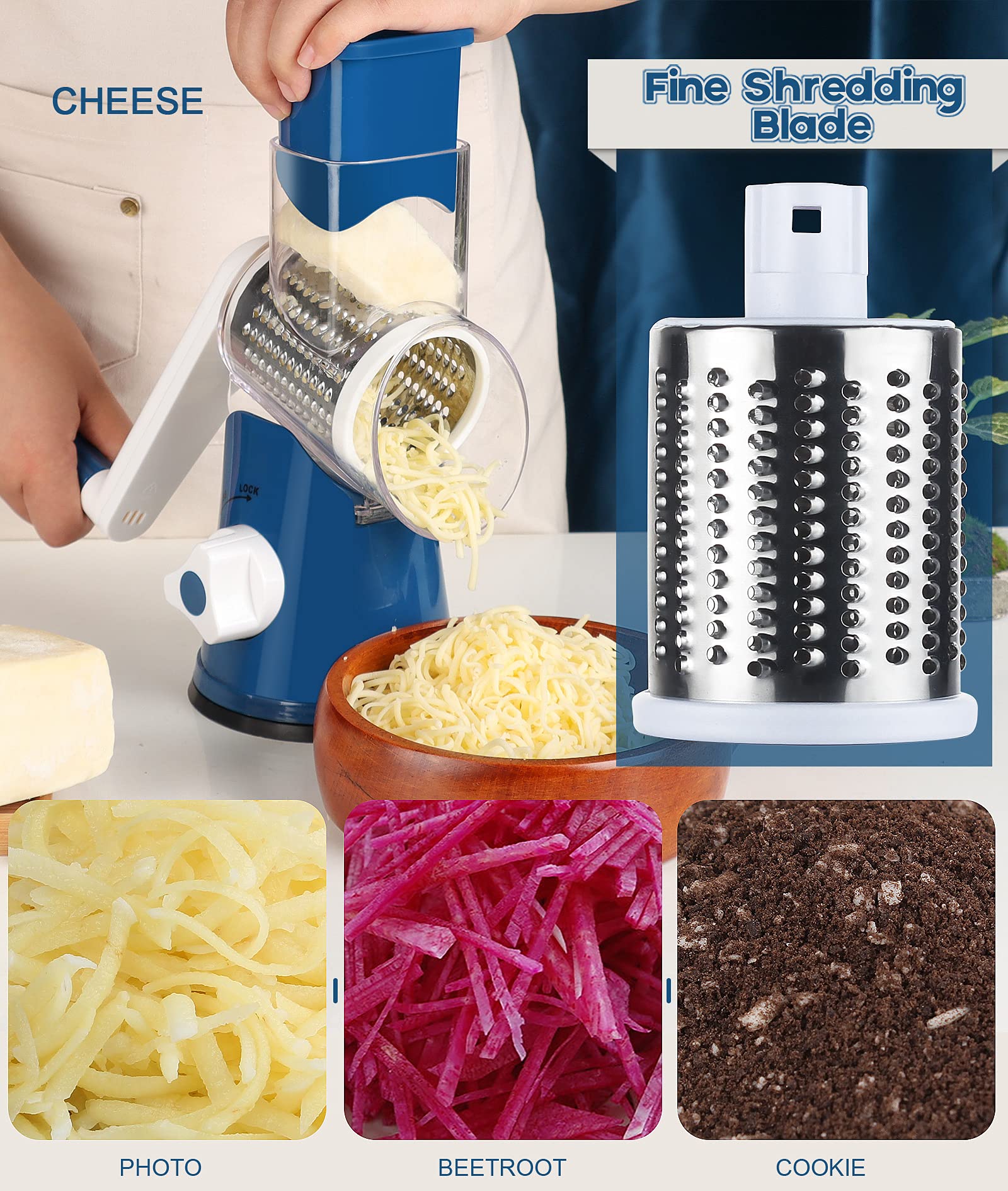 Rotary Cheese Grater Round Mandolin Slicer, Ourokhome Handheld Hashbrown Shredder with 3 Drum Blades, Kitchen Manual Speed Walnut Grinder for Potato, Carrot, Vegetables, Nuts, Zucchini (Dark Blue)