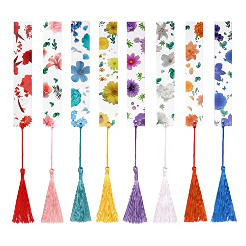 8 Sets Flower Acrylic Bookmarks Transparent Acrylic Bookmarks Cute Floral Bookmarks with Colorful Tassels for Women Teacher Kids Book Lovers