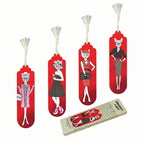 Pictor Gift Swanky Lady Decorative 4 Piece Bookmark Set, Artwork, Funny, Student, Teacher, School, Office, Best Gift Idea for Reader, Book, Cat, Lovers, Metal Pressed with Tassels, Suede Back