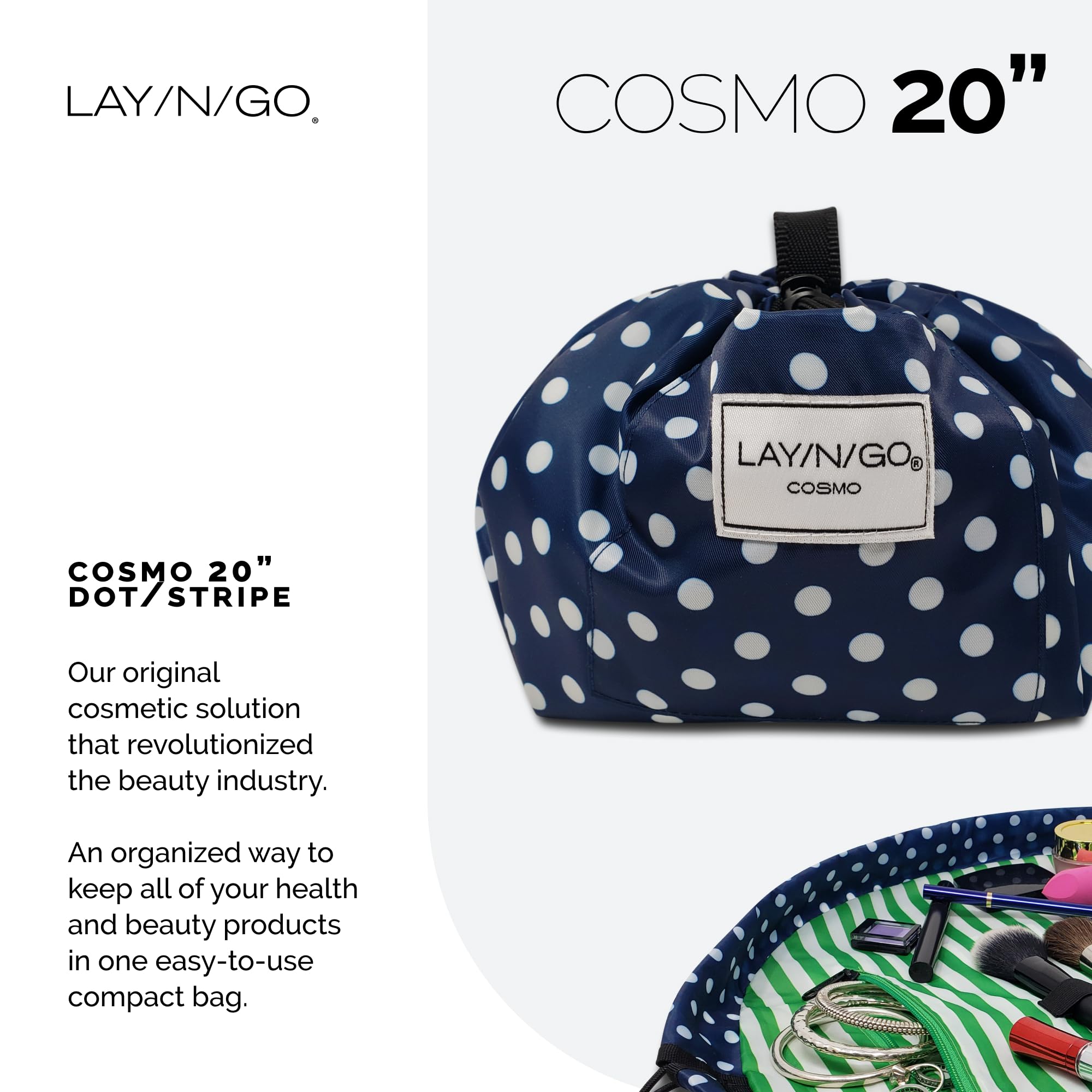 Lay-n-Go Cosmo Drawstring Cosmetic & Makeup Bag Organizer - Portable Drawstring Makeup Bag w/Zipper Pocket, Makeup Loops & More - Durable, Machine Washable Makeup Bag for Travel (20β, Navy/Green)