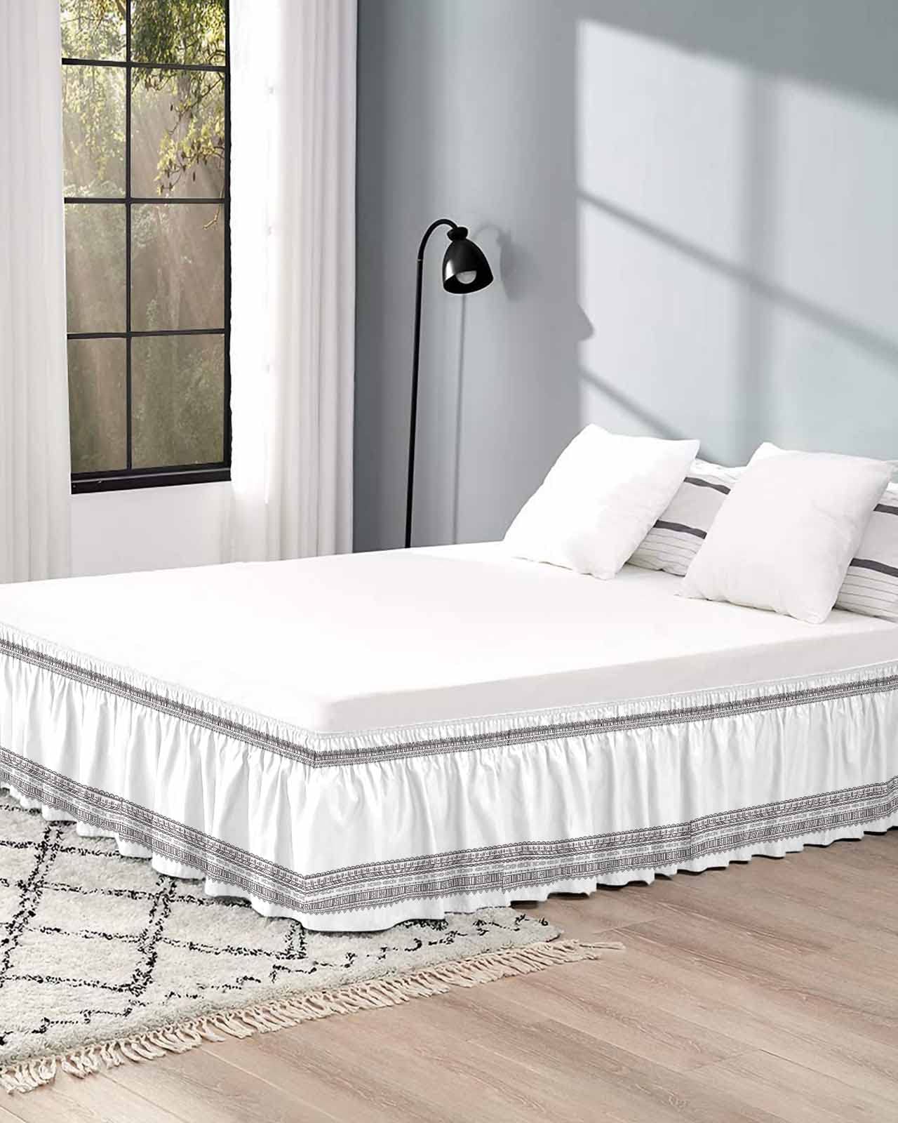 Boho Bed Skirt King Size 18 Inch Drop, Adjustable & Elastic Wrap Around Bed Skirts Pleated Luxury Dust Ruffles for Twin Full Queen Cal King Base Bed, Black Bohemia Geometric Ethnic Stripes