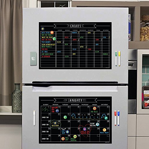 Magnetic Chore Chart Chalkboard & Reusable Dry Erase Calendar Set – Organizational Reward Planner - Family Planning Board - Kids Responsibility Reward Cleaning Chart – 11” x 17” (Lushleaf Designs)