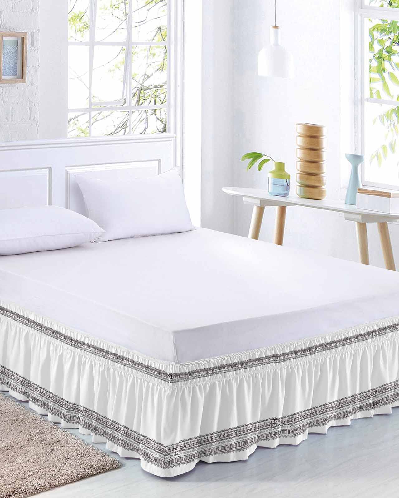 Boho Bed Skirt King Size 18 Inch Drop, Adjustable & Elastic Wrap Around Bed Skirts Pleated Luxury Dust Ruffles for Twin Full Queen Cal King Base Bed, Black Bohemia Geometric Ethnic Stripes