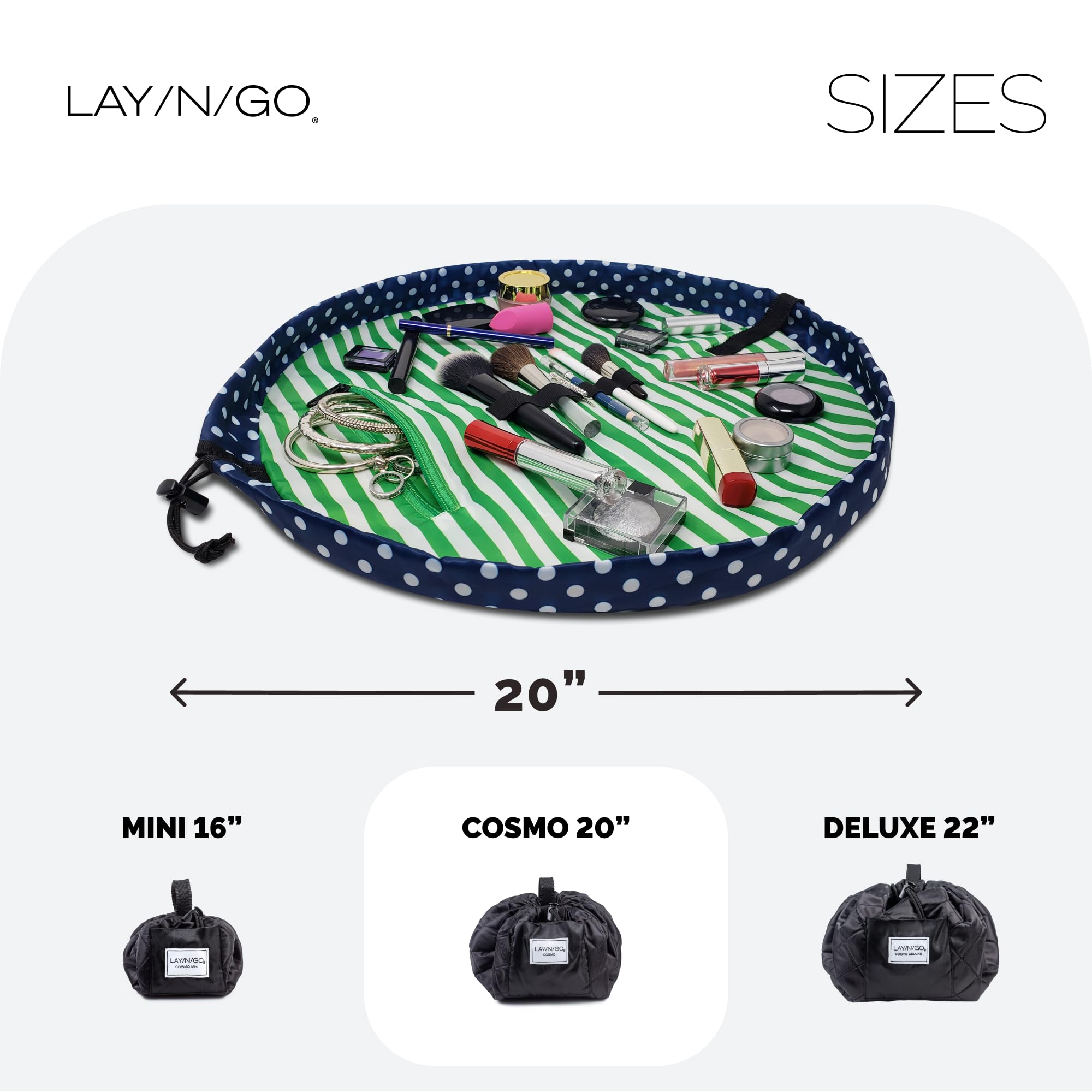 Lay-n-Go Cosmo Drawstring Cosmetic & Makeup Bag Organizer - Portable Drawstring Makeup Bag w/Zipper Pocket, Makeup Loops & More - Durable, Machine Washable Makeup Bag for Travel (20β, Navy/Green)