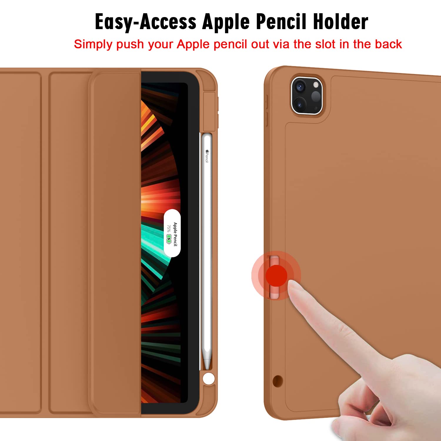 ZryXal New iPad Pro 12.9 Inch Case 2022/2021/2020(6th/5th/4th Gen) with Pencil Holder,Smart iPad Case [Support Touch ID and Auto Wake/Sleep] with Auto 2nd Gen Pencil Charging (Brown)
