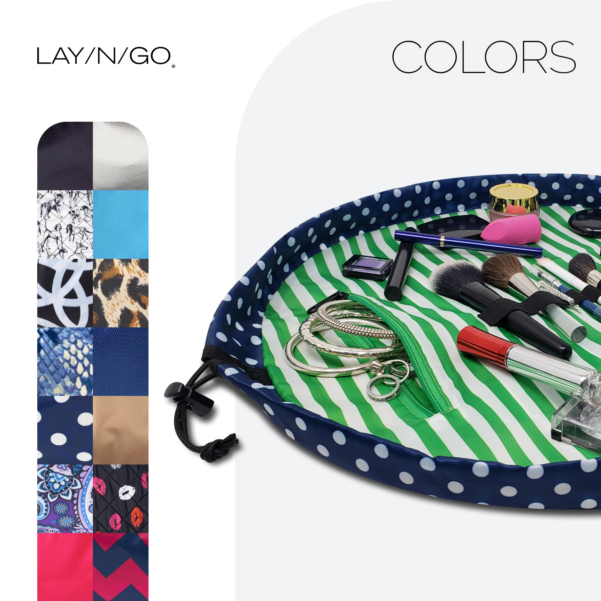 Lay-n-Go Cosmo Drawstring Cosmetic & Makeup Bag Organizer - Portable Drawstring Makeup Bag w/Zipper Pocket, Makeup Loops & More - Durable, Machine Washable Makeup Bag for Travel (20β, Navy/Green)
