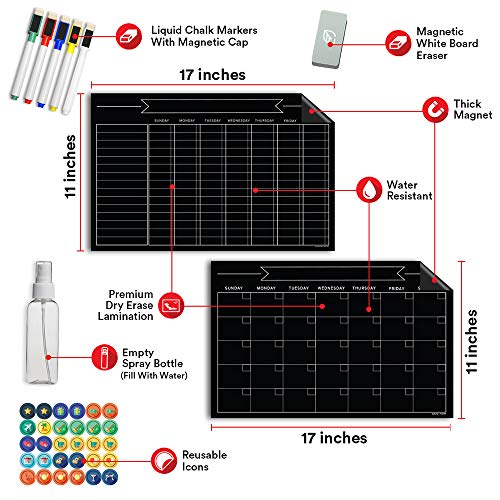Magnetic Chore Chart Chalkboard & Reusable Dry Erase Calendar Set – Organizational Reward Planner - Family Planning Board - Kids Responsibility Reward Cleaning Chart – 11” x 17” (Lushleaf Designs)