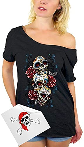 Awkwardstyles Three Sugar Skulls with Roses Off Shoulder Tops T-Shirt + Sticker Gift Black XL
