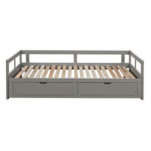 DANGRUUT Upgraded Version Wooden Daybed with Trundle Bed and Two Storage Drawers, Luxurious Bed Daybed Can be Extendable from Twin Size to King Size, Sofa Bed for Bedroom Living Room (Grey)