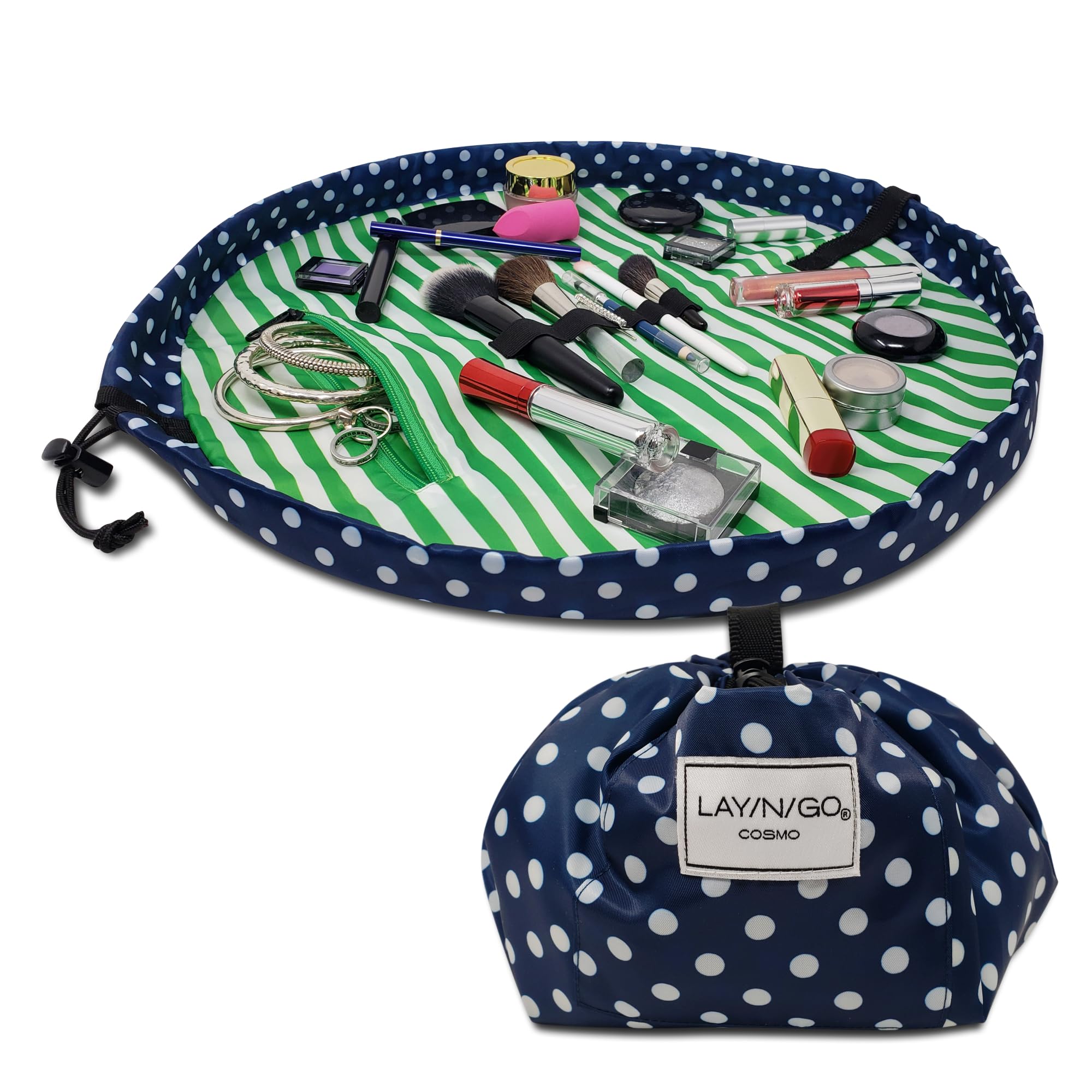 Lay-n-Go Cosmo Drawstring Cosmetic & Makeup Bag Organizer - Portable Drawstring Makeup Bag w/Zipper Pocket, Makeup Loops & More - Durable, Machine Washable Makeup Bag for Travel (20”, Navy/Green)