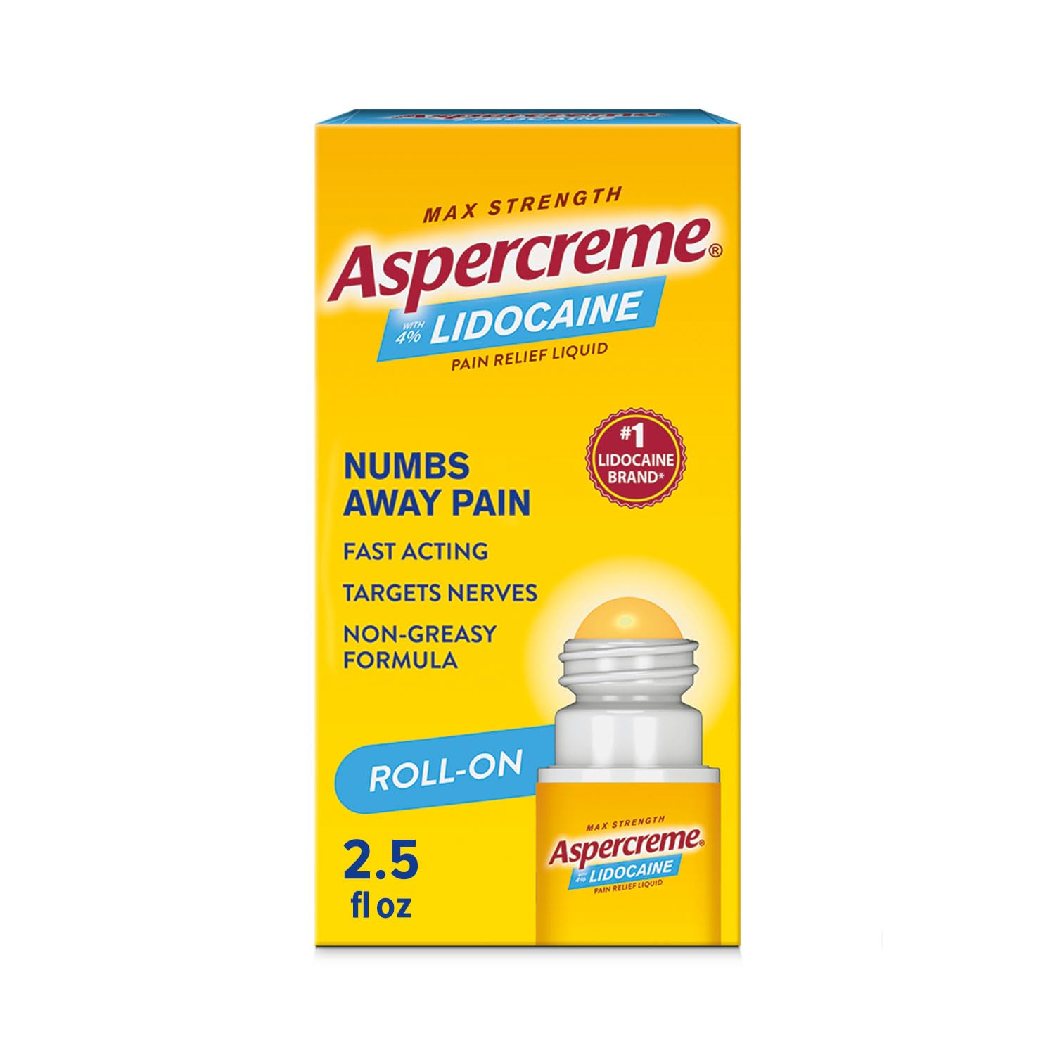 Aspercreme Odor Free Max Strength Lidocaine Pain Relief Liquid with Roll-On No Mess Applicator, 2.5 oz.