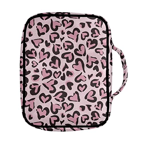 POLERO Leopard Bible Bag for Women Valentine Pink Heart Cheetah Print Bible Cover Scripture Carrying Book Case Church Bag