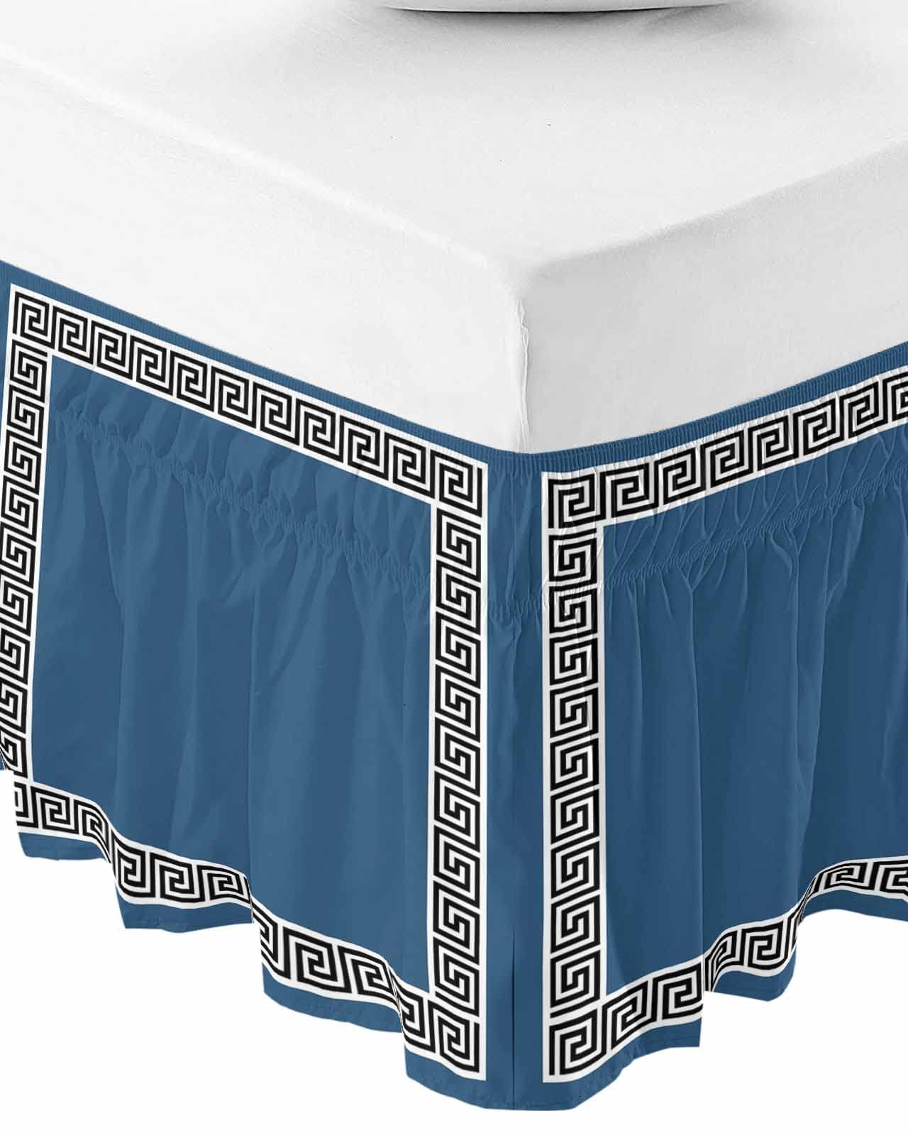 Chinese Bed Skirt Cal King Size 18 Inch Drop,Adjustable & Elastic Wrap Around Bed Skirts Pleated Luxury Dust Ruffles for Twin Full Queen Cal King Base Bed,Traditional Blue Black Geometric Tile Pattern