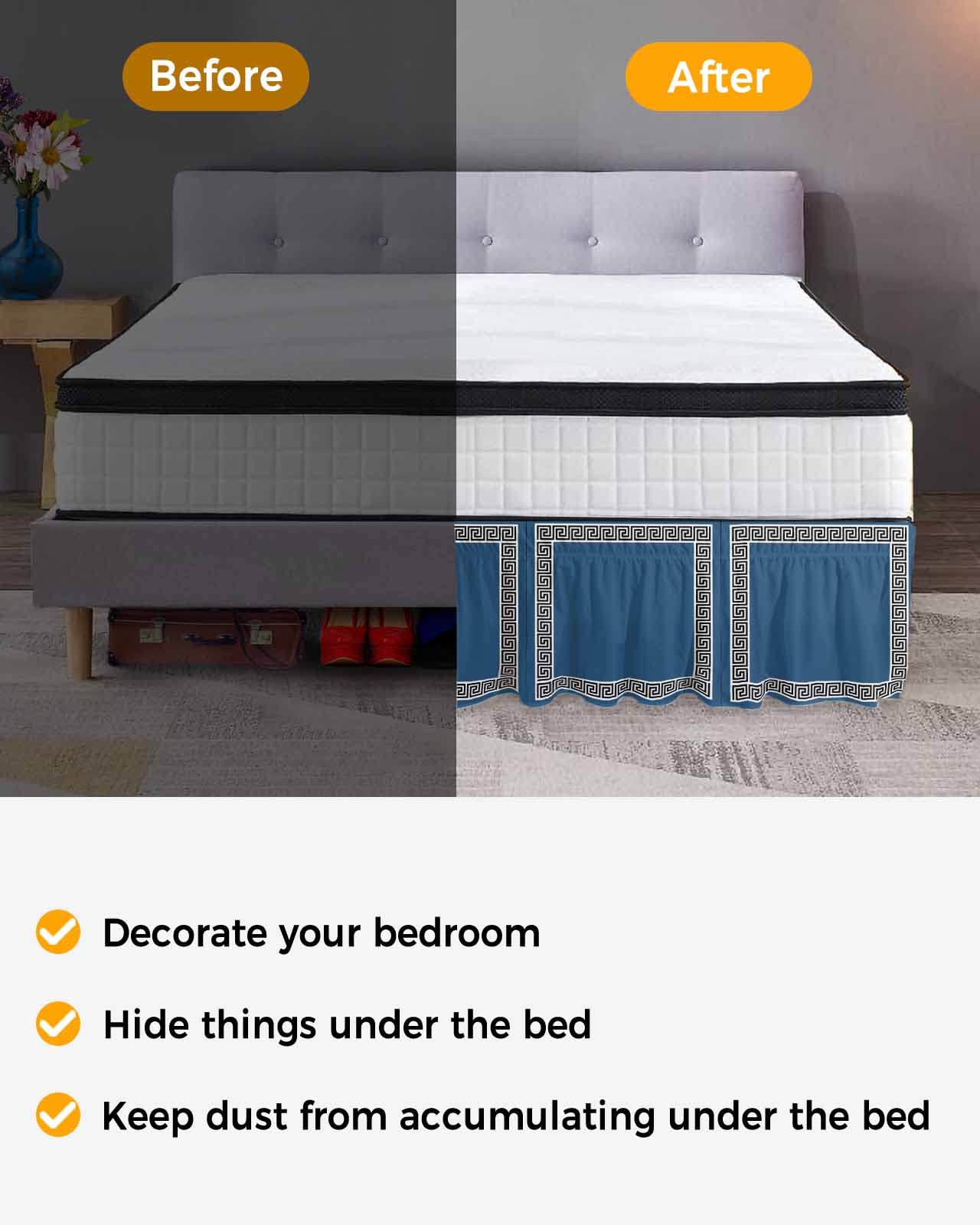 Chinese Bed Skirt Cal King Size 18 Inch Drop,Adjustable & Elastic Wrap Around Bed Skirts Pleated Luxury Dust Ruffles for Twin Full Queen Cal King Base Bed,Traditional Blue Black Geometric Tile Pattern