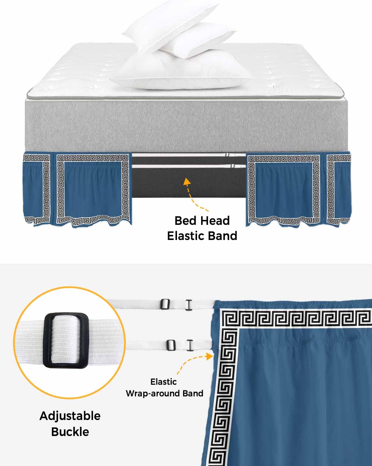 Chinese Bed Skirt Cal King Size 18 Inch Drop,Adjustable & Elastic Wrap Around Bed Skirts Pleated Luxury Dust Ruffles for Twin Full Queen Cal King Base Bed,Traditional Blue Black Geometric Tile Pattern