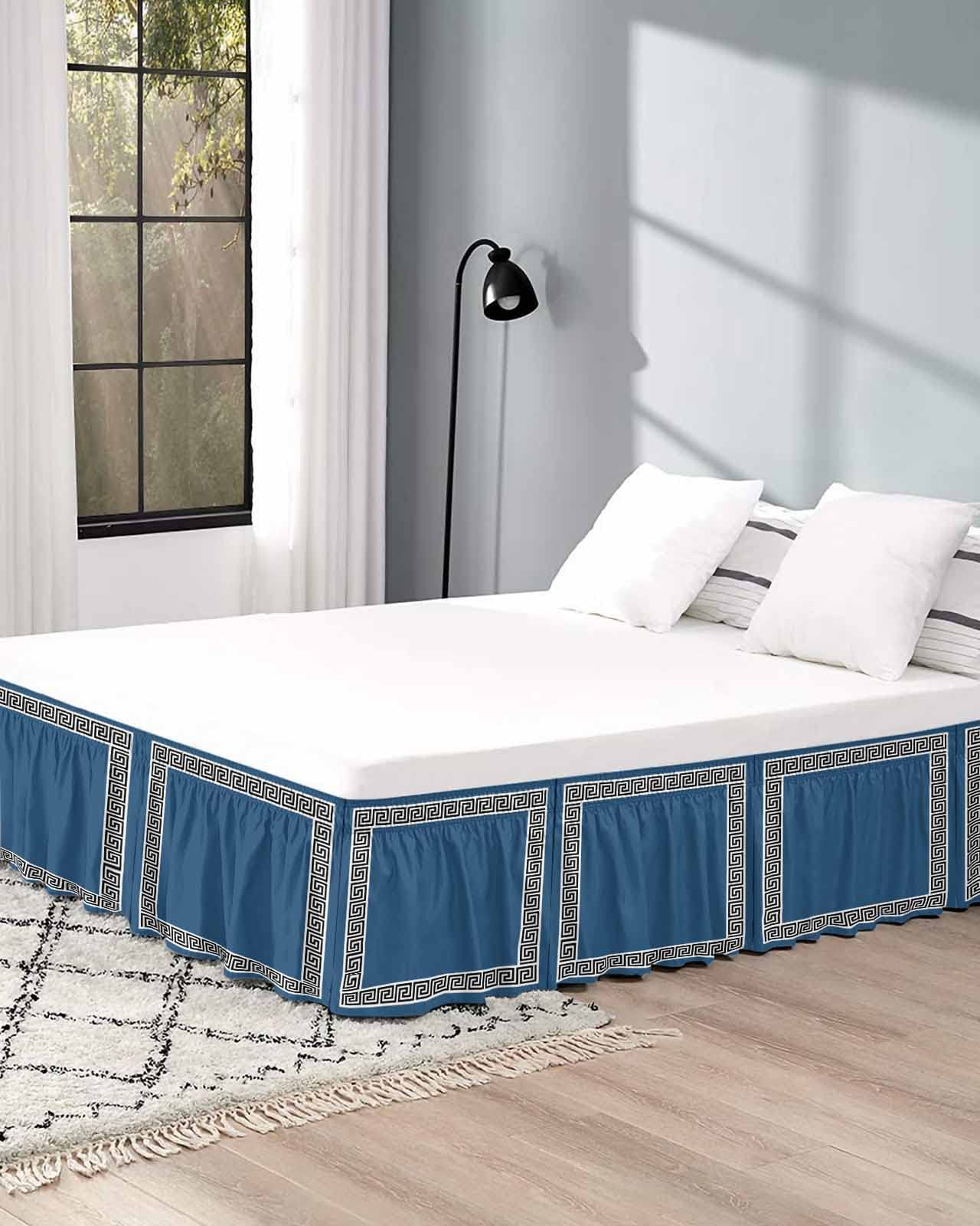 Chinese Bed Skirt Cal King Size 18 Inch Drop,Adjustable & Elastic Wrap Around Bed Skirts Pleated Luxury Dust Ruffles for Twin Full Queen Cal King Base Bed,Traditional Blue Black Geometric Tile Pattern