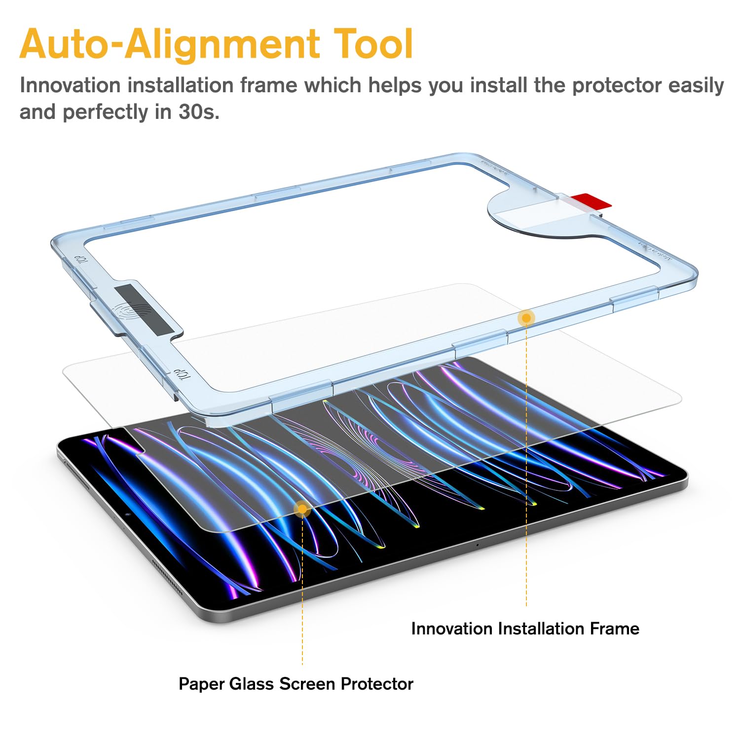 Hocents. Paperfeel Glass Screen Protector Compatible with iPad Pro 12.9 6th / 5th / 4th / 3rd Generation (2022/2021 / 2020/2018), Auto-Alignment Tool, Tempered Glass, EZ Kit
