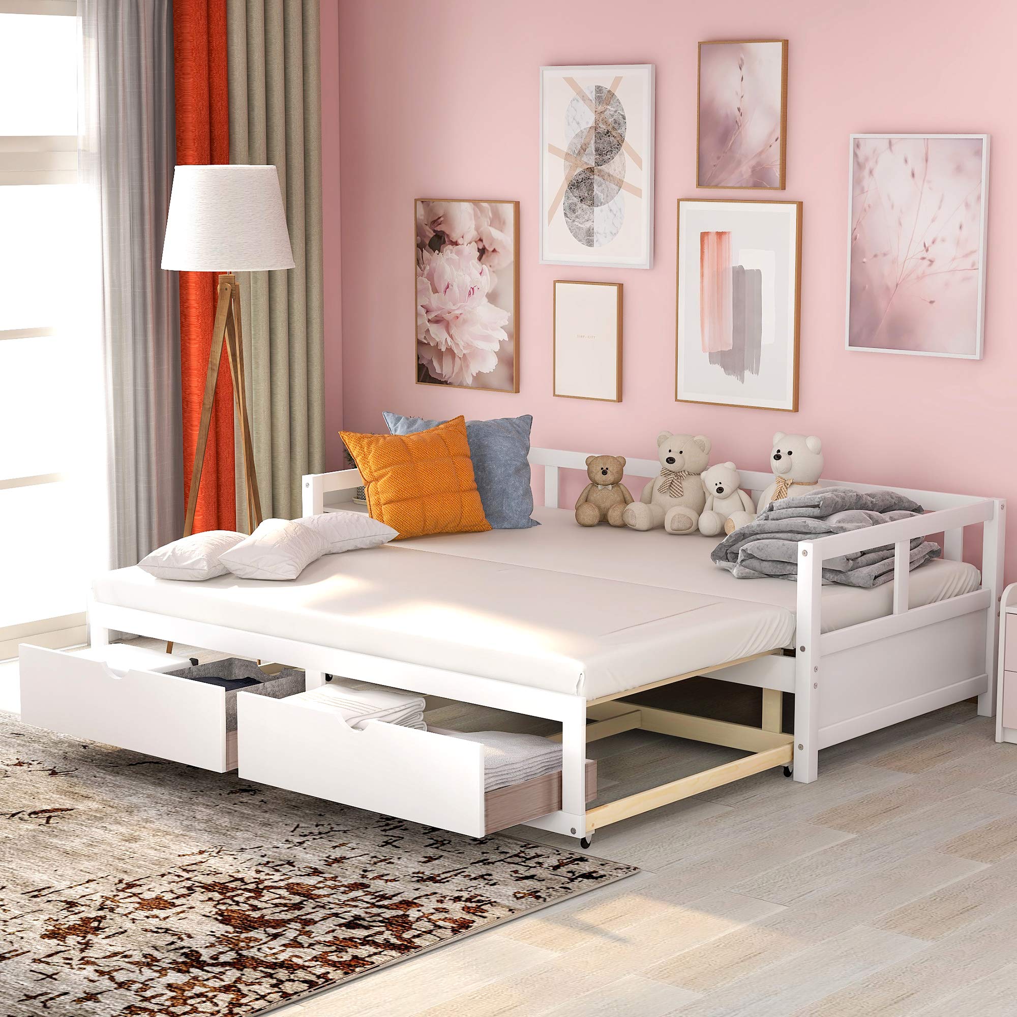 Wooden Daybed Extendable Bed, Twin to King Daybed Frame with Trundle Bed and 2 Storage Drawers, Sofa Bed for Bedroom Living Room (White)