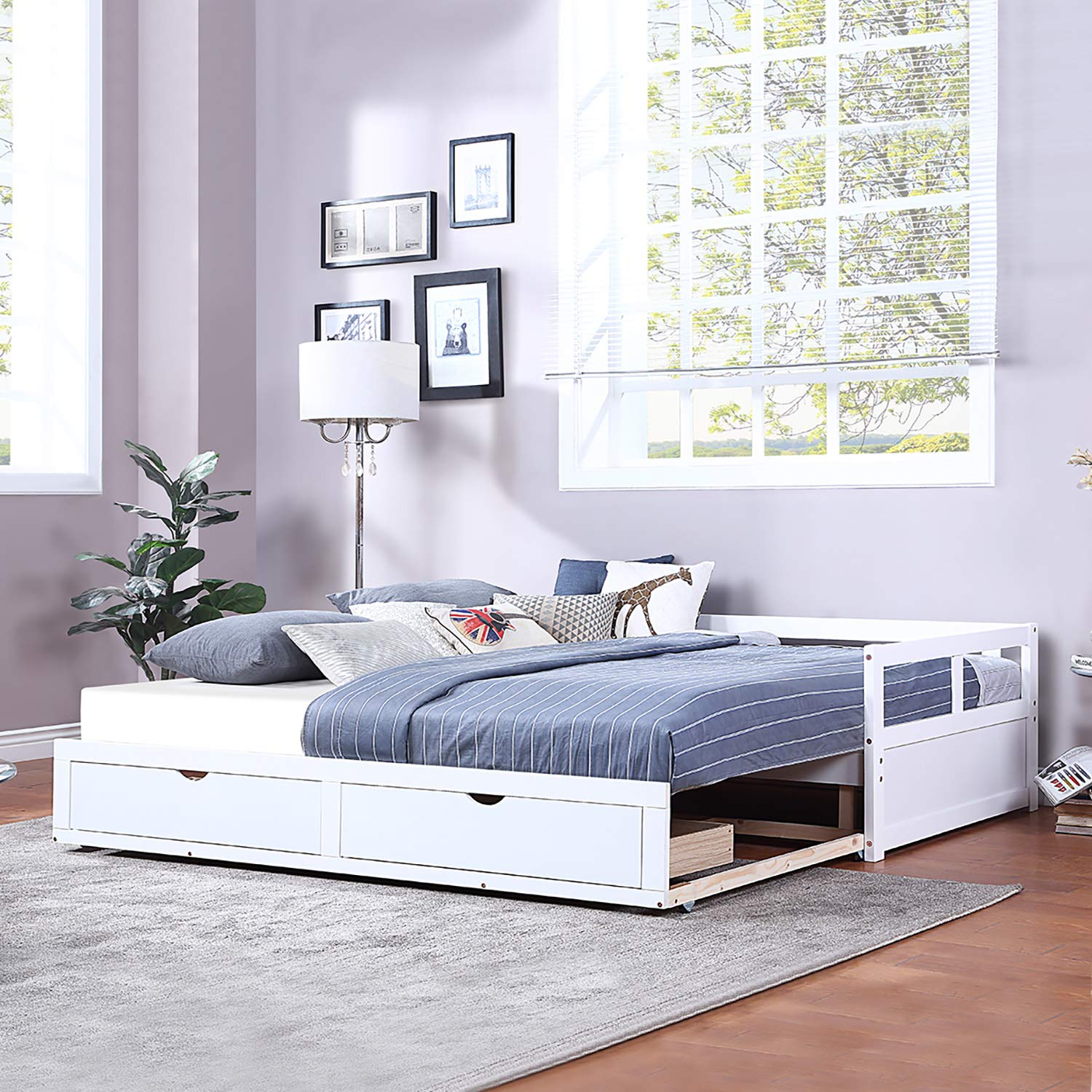 Wooden Daybed Extendable Bed, Twin to King Daybed Frame with Trundle Bed and 2 Storage Drawers, Sofa Bed for Bedroom Living Room (White)