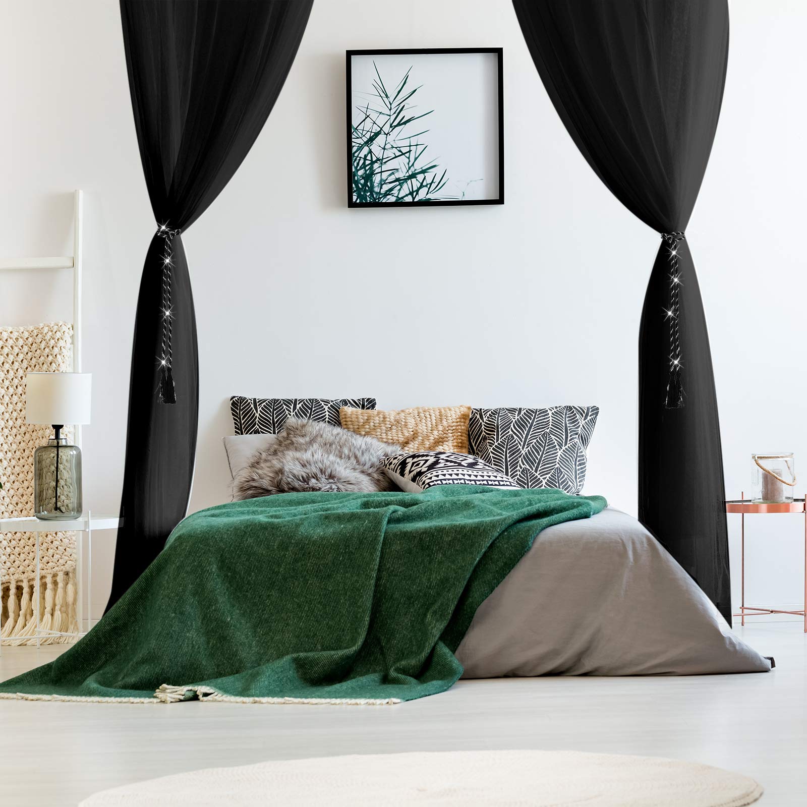 4 Corner Post Mosquito Net Canopy Bed Curtains Large Mosquito Netting Bedroom Princess Decoration Canopy Curtains with 4 Pieces Tassel Hanging Pendants for Full Queen King Size Bed (Black)