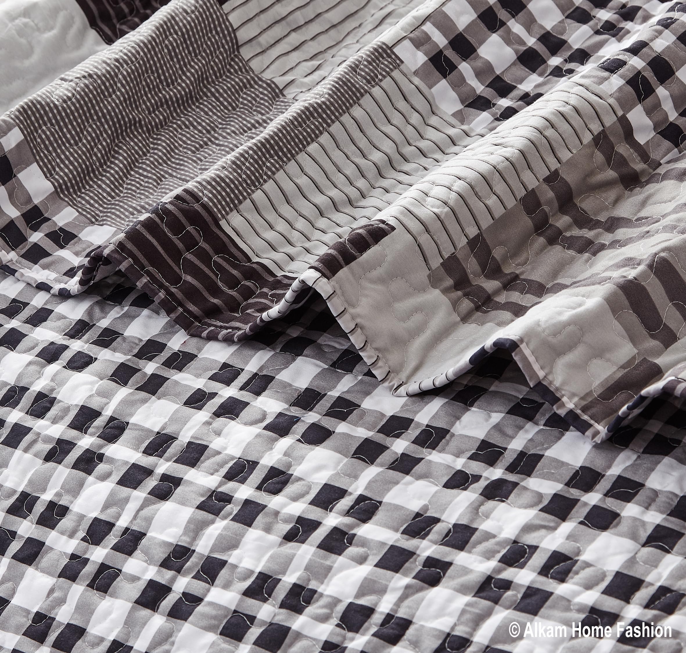 All American Collection Black and Grey Modern Plaid Bedspread and Pillow Sham Set | Matching Curtains Available! (Twin Size)