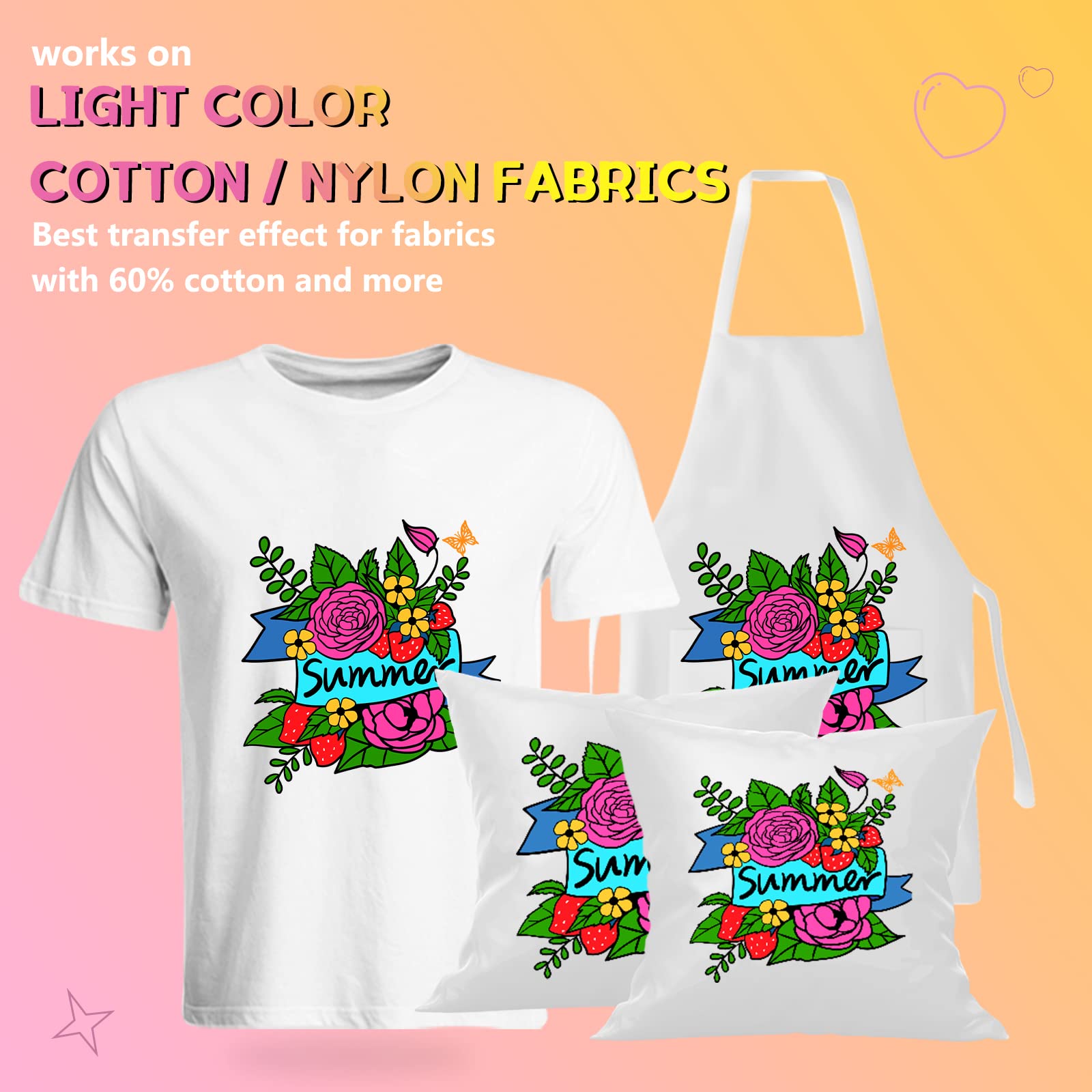 HTVRONT Heat Transfer Paper for Light T Shirts -25 Sheets 8.5x11" Iron on Transfer Paper for Inkjet & Laser Printer, Stretchable & Durable Printable Heat Transfer Vinyl, Easy to Use