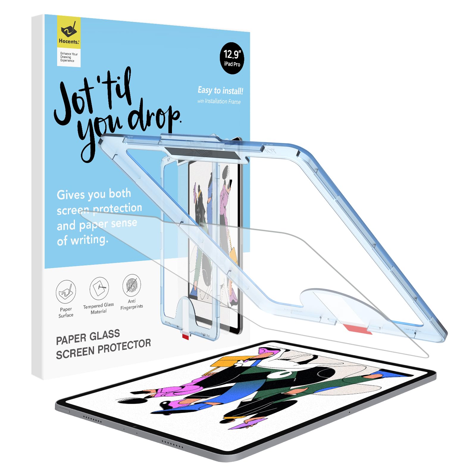 Hocents. Paperfeel Glass Screen Protector Compatible with iPad Pro 12.9 6th / 5th / 4th / 3rd Generation (2022/2021 / 2020/2018), Auto-Alignment Tool, Tempered Glass, EZ Kit