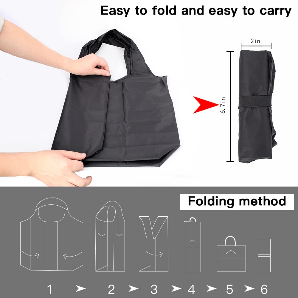 10 Pack Durable Folding Large Kitchen Reusable Shopping Bags with Handles Bulk, Aricsen Recycle Foldable Grocery Heavy Duty Washable into Pocket Lightweight Portable Nylon Tote, Polyester Cloth, Black