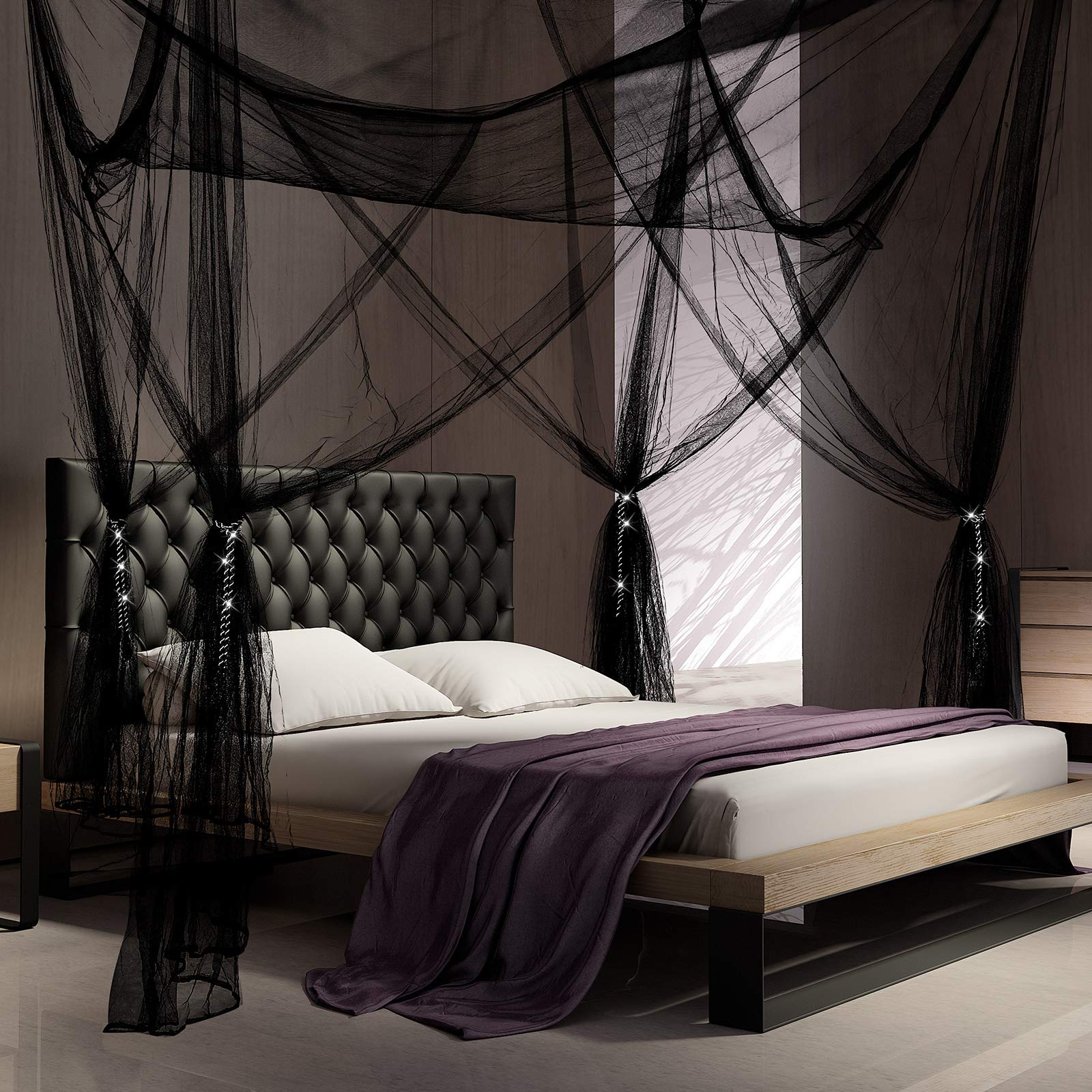 4 Corner Post Mosquito Net Canopy Bed Curtains Large Mosquito Netting Bedroom Princess Decoration Canopy Curtains with 4 Pieces Tassel Hanging Pendants for Full Queen King Size Bed (Black)