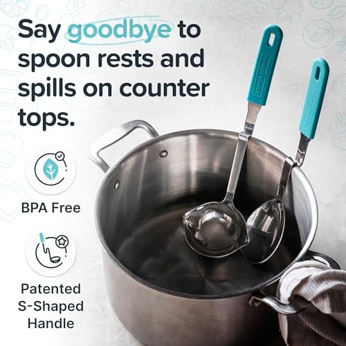 Souper Cubes + Lori Greiner No Mess Silicone Handle Stainless Steel Ladle and Serving Spoon Set - Kitchen Utensils for Cooking and Serving - Aqua Color - 2 Piece Set Spouted Ladle and Spoon