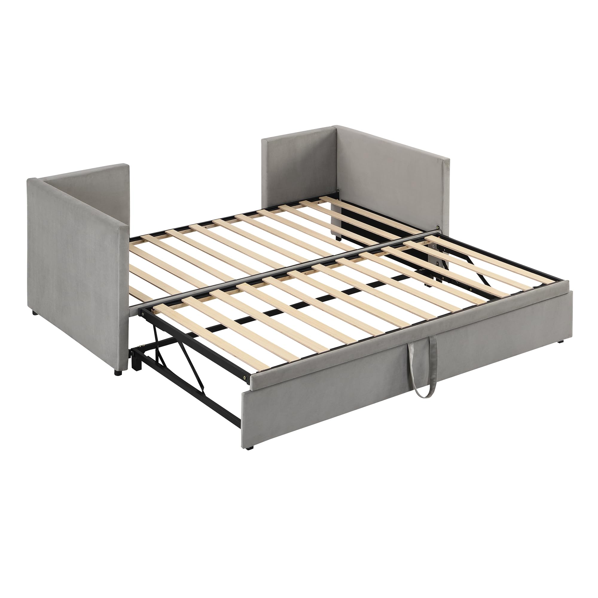 Upholstered Daybed with Extendable Trundle, Twin to King Size Design, Velvet Upholstery Daybed Sofa Bed for Bedroom Guest Room Living Room, Maximize Space (Gray-Ex)