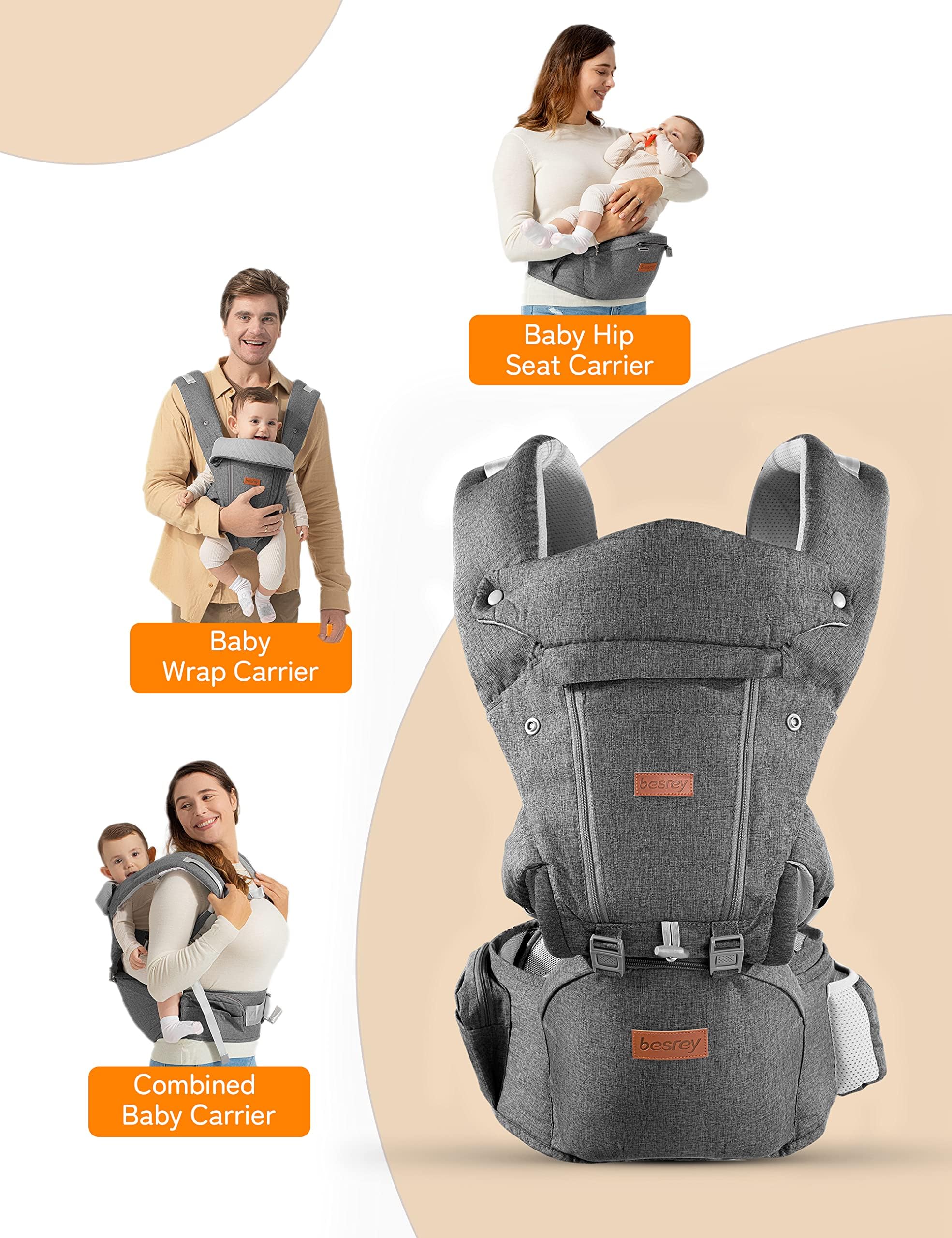 besrey Baby Carrier with Hip Seat Newborn to Toddler, 7-45lb, Summer Mesh Infant Carrier, Baby Body Holder Chest with Back Support, Front Facing Men Kangaroo Holder