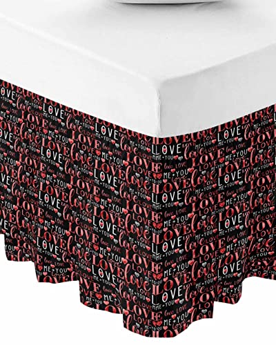 Valentine's Day Bed Skirt King Size 16 Inch Drop,Adjustable & Elastic Wrap Around Bed Skirts Pleated Luxury Dust Ruffles for Twin Full Queen Cal King Base Bed,English Characters Saying Love You Black
