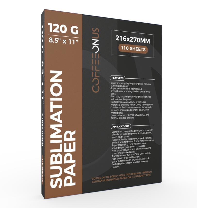 CoffeeOnUs Sublimation Paper 8.5” x 11” - Ultra Premium 110 Sheets Heat Transfer Paper Compatible with Inkjet Printers for Cups Tshirt Mugs Plates & Light Fabric- Made of 120gsm Paper from Germany