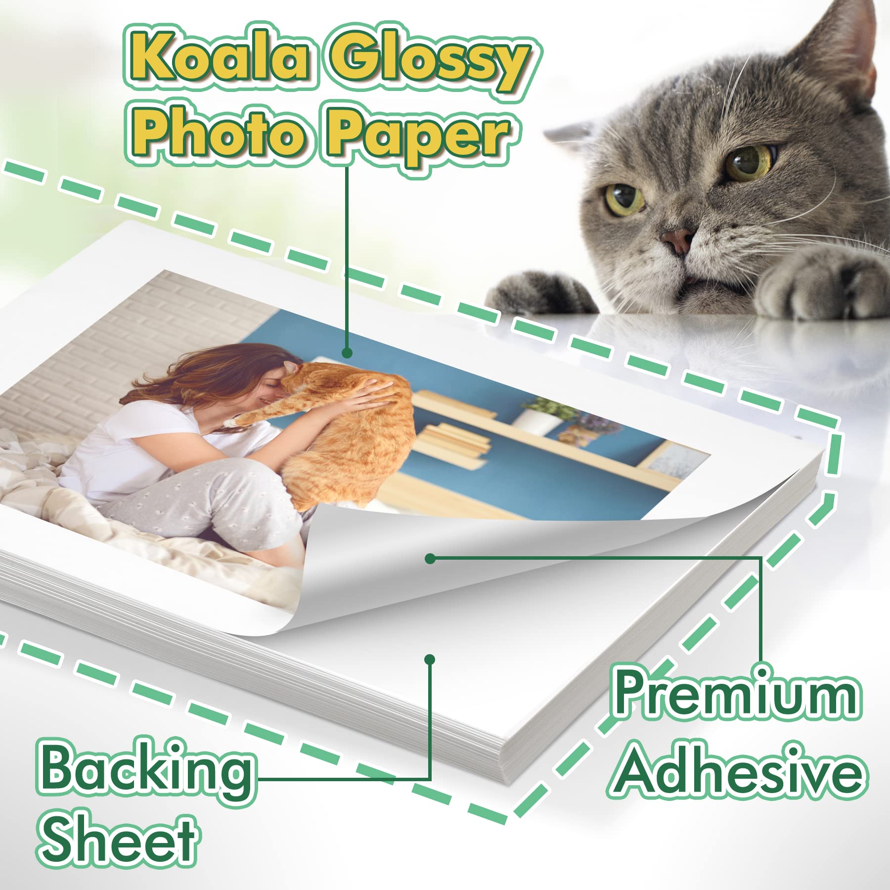 Koala Glossy Sticker Paper for Inkjet & Laser Printer, Printable Photo Sticker Paper, 20 Sheets 8.5x11 In Self-Adhesive Photo Paper for Scrapbooking, Brand Logo, Party Decor Stickers
