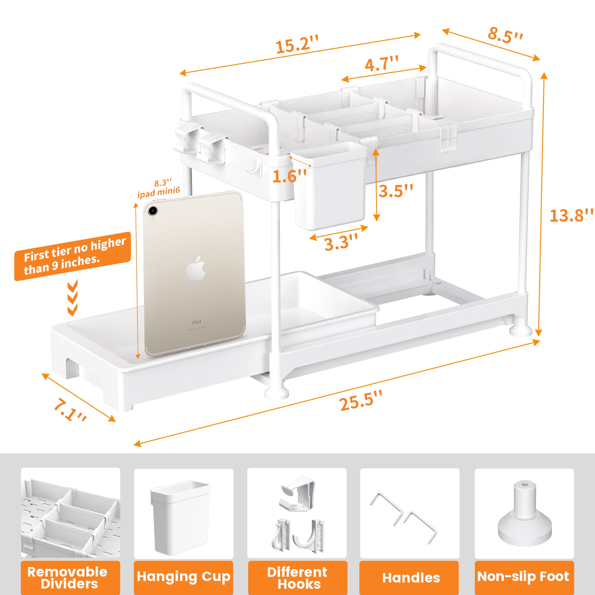 Vantency 2 Pack Under Sink Organizer, 2 Tier Sliding Under Kitchen Cabinet Storage Drawer with Hooks, Hanging Cup, Dividers, Handles and Anti-Slip Foot Mats (2PC-White)