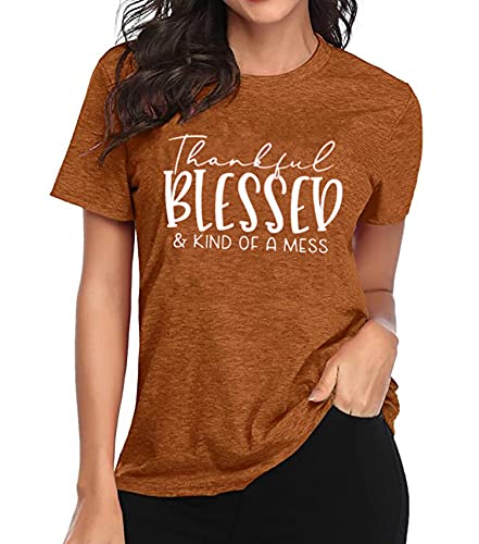 Thankful Blessed and Kind of A Mess T Shirt for Women Thanksgiving Shirts Short Sleeve Fall Tops Tees (Orange, XX-Large)